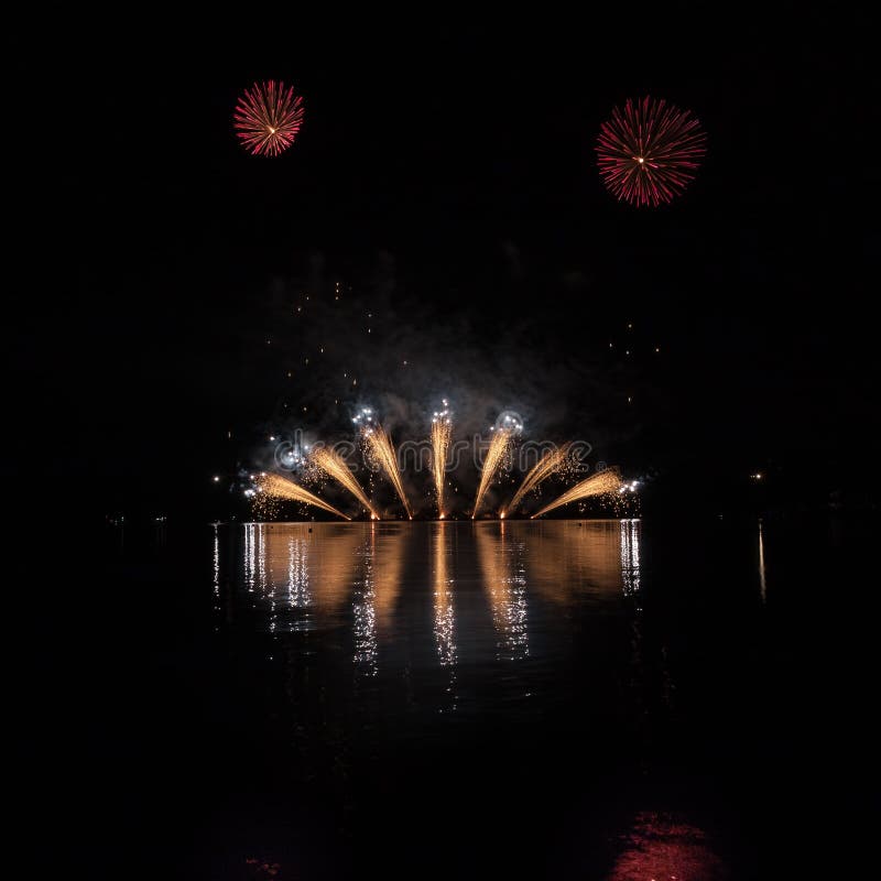 Colorful Fireworks with Reflection on Lake. Stock Photo - Image of ...