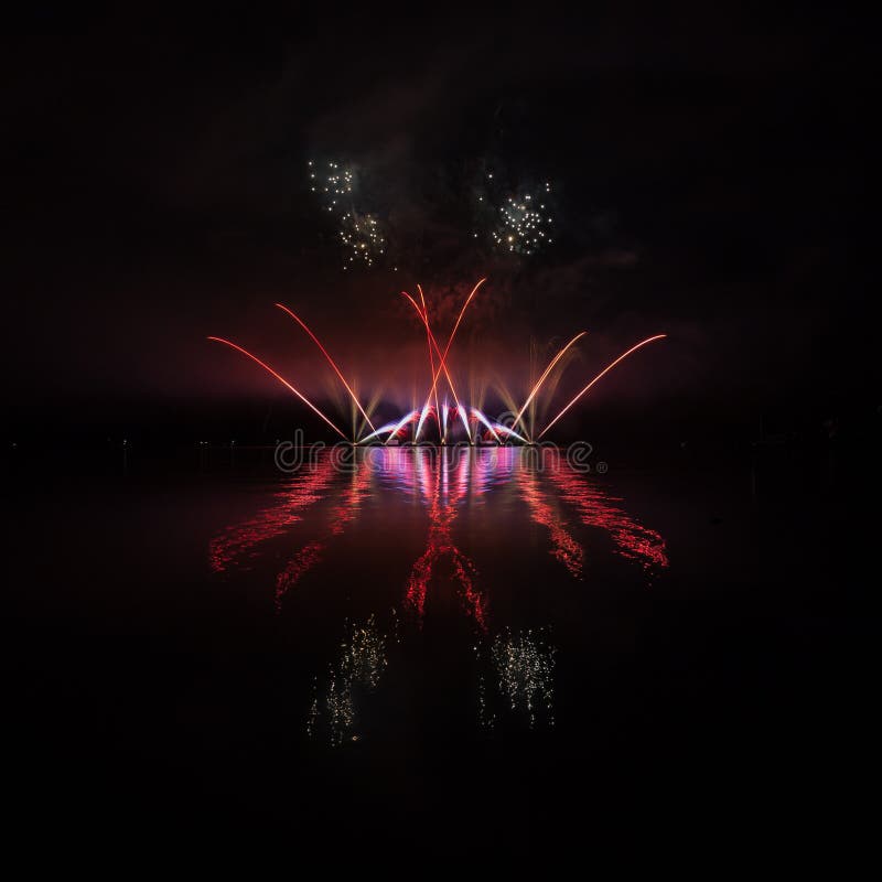 Colorful Fireworks with Reflection on Lake. Stock Photo - Image of ...