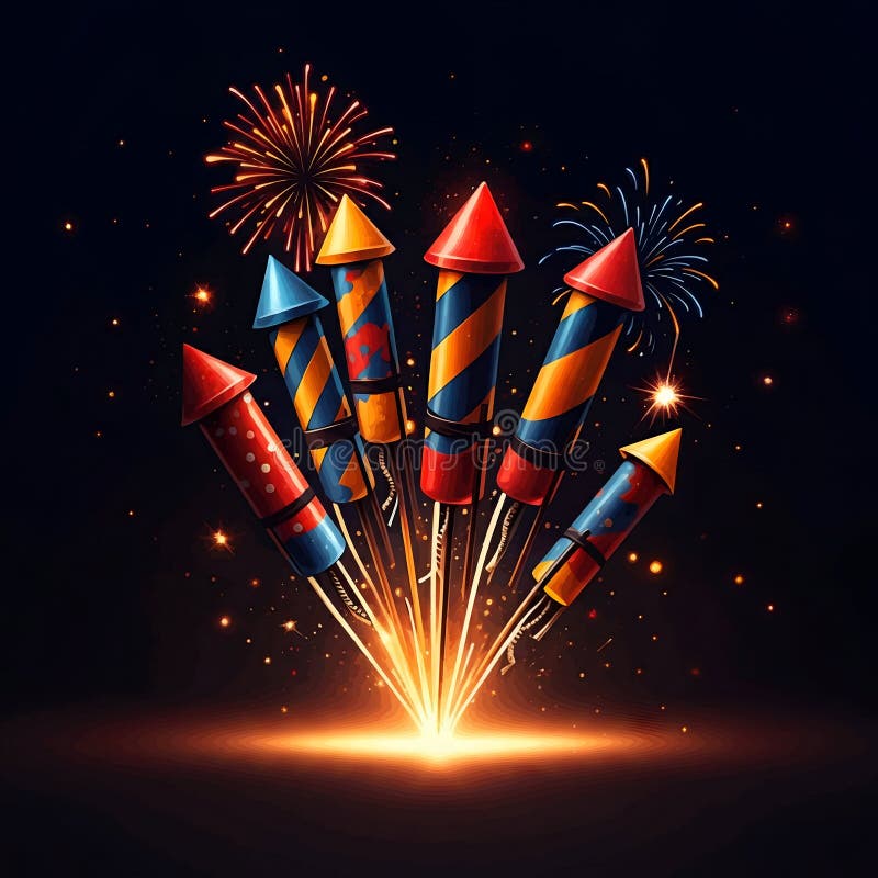 Colorful Fireworks Rockets Exploding in Dark Night Sky – AI-Generated ...