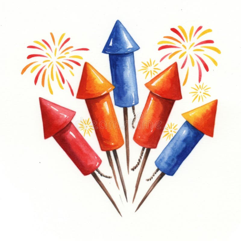 Colorful Fireworks Rockets Watercolor Illustration Stock Illustration ...