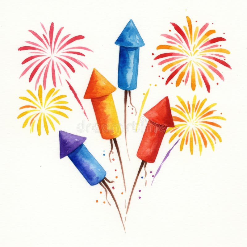 Colorful Fireworks and Rockets Watercolor Illustration Stock ...