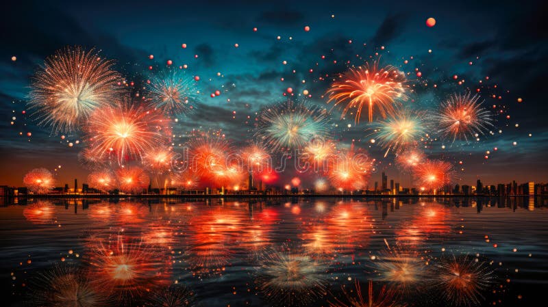 Colorful Fireworks of Various Colors Over the Cityscape and Water ...