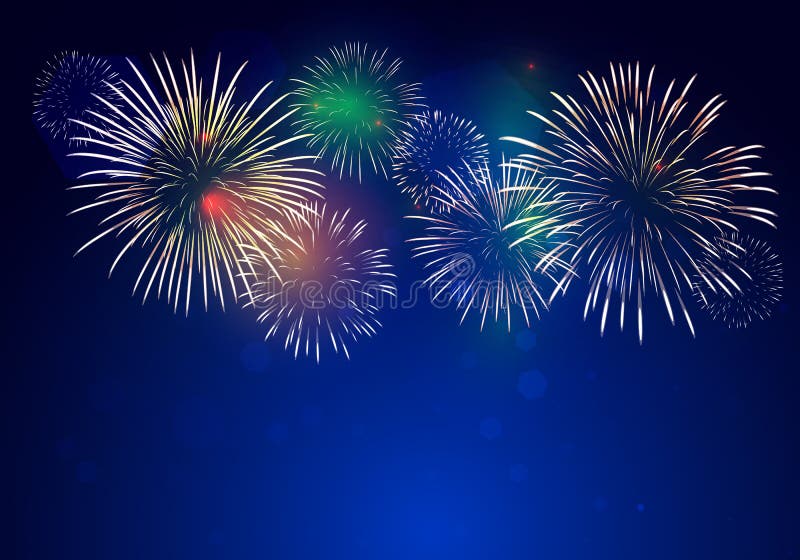 Colorful Fireworks Vector on Dark Blue Background with Sparking Bokeh ...