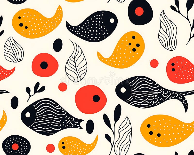 Colorful Fish and Abstract Shapes Create Playful, Modern Pattern Stock ...