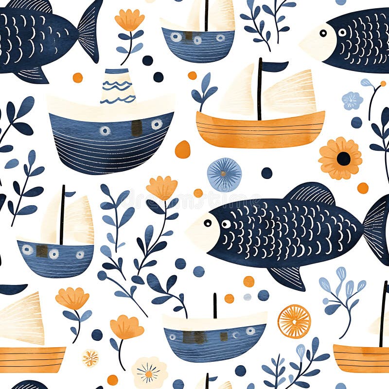 Colorful Fish and Boats Pattern with Flowers and Leaves Stock ...