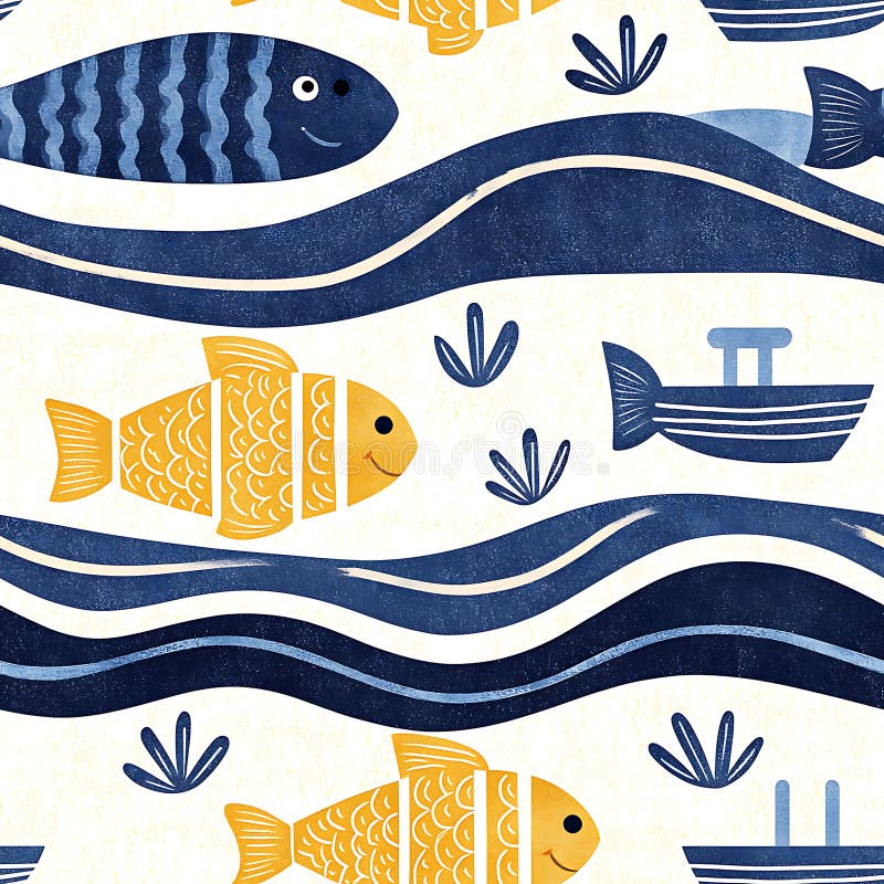 Colorful Fish and Boats in Playful, Seamless Pattern with Waves Stock ...