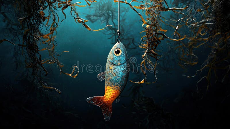 Colorful Fish Caught on a Hook Underwater Surrounded by Seaweed Stock ...