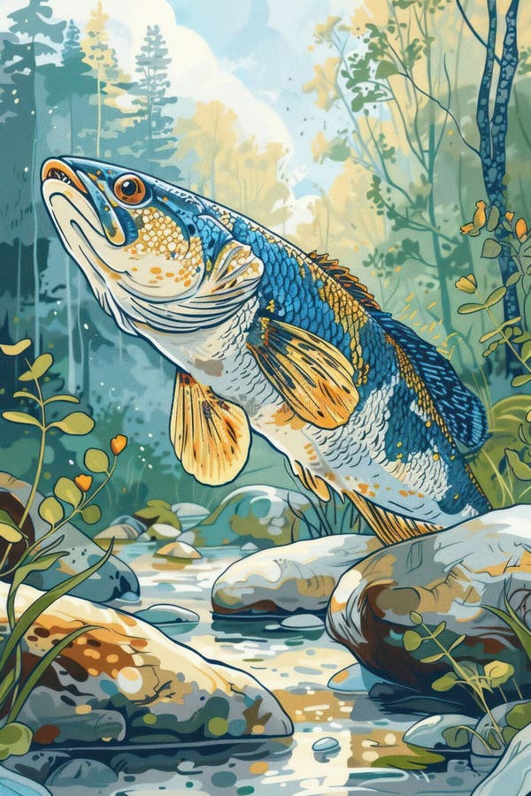 Vibrant Blue Fish Leaping from a Rocky Stream in a Lush Forest Stock ...
