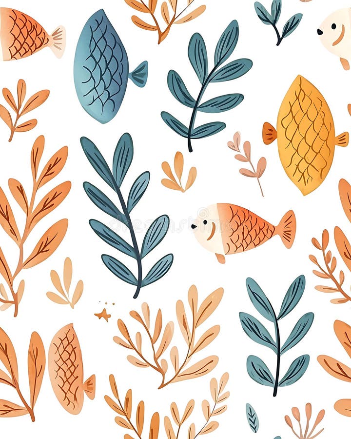 Colorful Fish and Leaves in Whimsical Watercolor Pattern, Perfect for ...