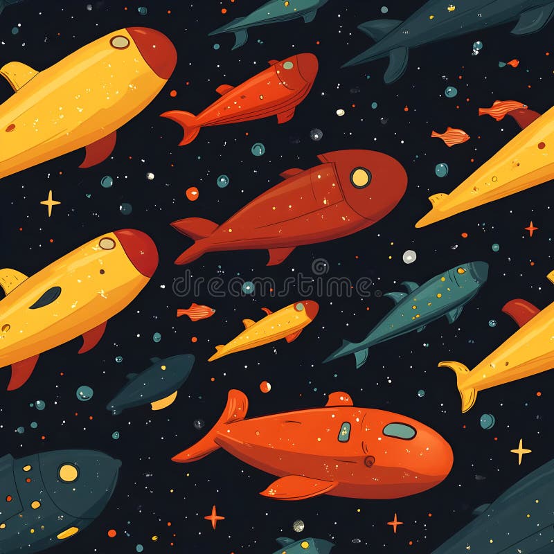 Colorful Fish-like Spaceships Floating in a Starry Background Stock ...