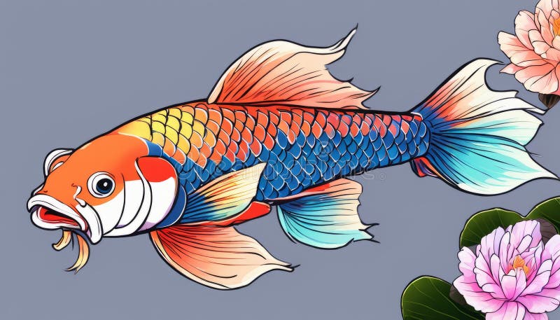 A Colorful Fish with a Long Tail and a Flower in Its Mouth Stock ...