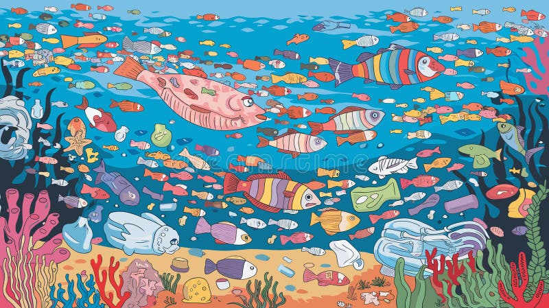 Colorful Fish Navigating through Plastic Waste in Vibrant Underwater ...