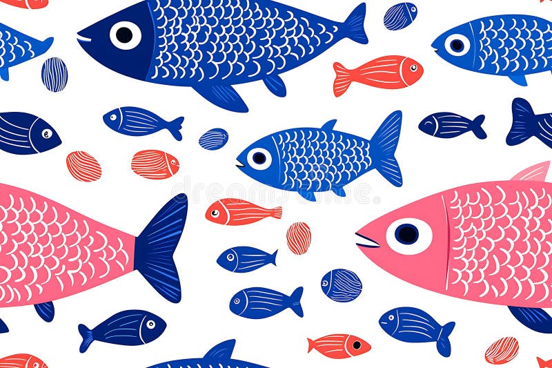 Colorful Fish Pattern with Blue, Pink, and Red Fish on White Background ...
