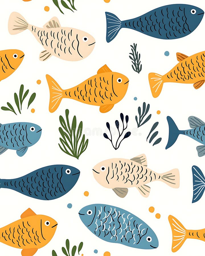 Colorful Fish Pattern with Stylized Illustrations and Aquatic Plants ...