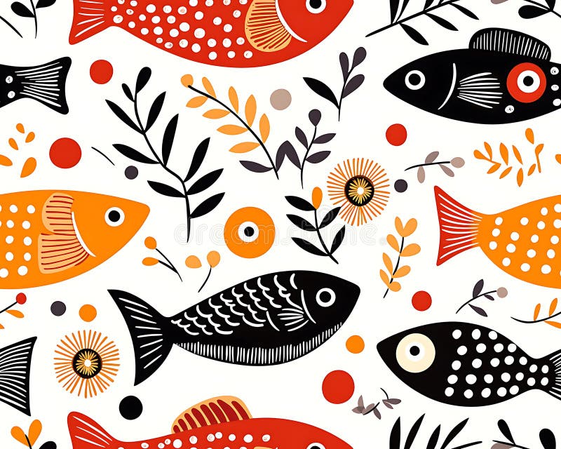 Colorful Fish Pattern with Stylized Leaves and Floral Elements ...