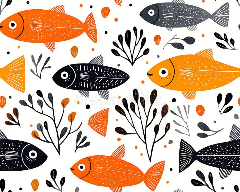 Colorful Fish Pattern with Stylized Seaweed and Abstract Shapes Stock ...