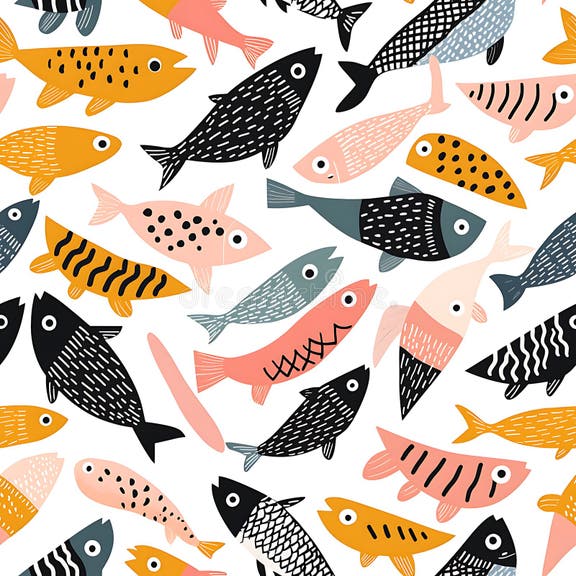 Colorful Fish Pattern with Various Shapes and Designs on White ...