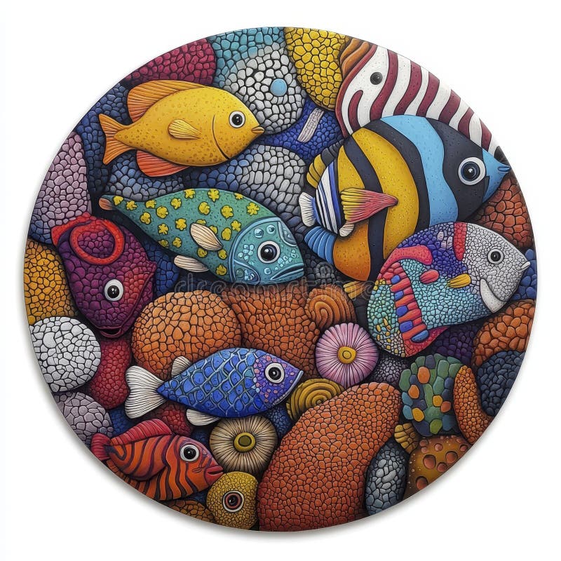 Colorful Fish and Rocks in Circular Mosaic Artwork Stock Illustration ...