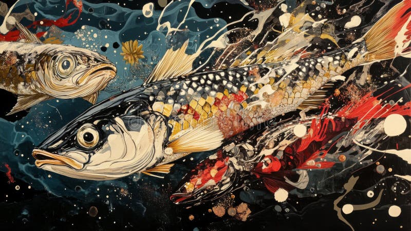 Colorful Fish School in Abstract Underwater Painting Stock Illustration ...