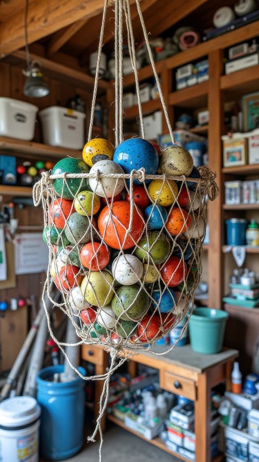 Colorful Fishing Floats in Net Hanger in Rustic Workshop Setting Stock ...