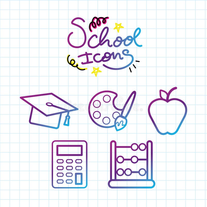 Colorful Five School Icons Set on Grid Paper Vector Stock Vector ...