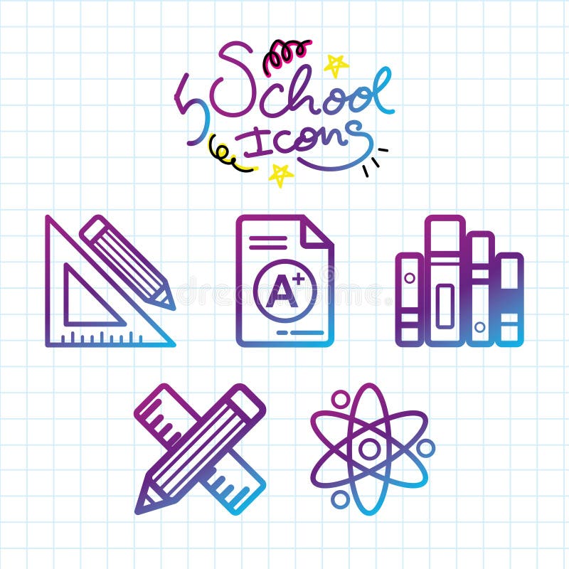 Colorful Five School Icons Set on Grid Paper Vector Stock Vector ...