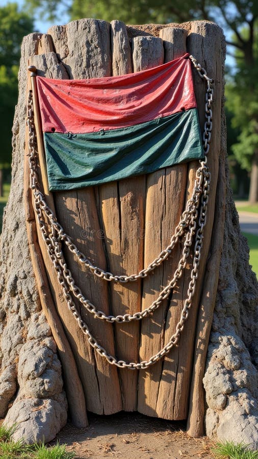 Colorful Flag Display on Rustic Wood with Chains Outdoors in Sunny Park ...