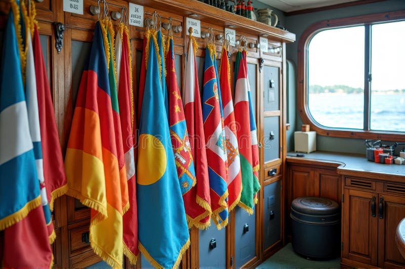 Colorful Flags Displayed in Nautical Setting Near Large Window Stock ...