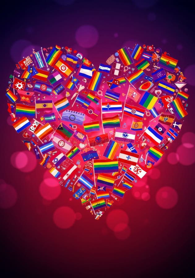 Colorful Flags Forming a Heart Shape on Red Background Stock ...