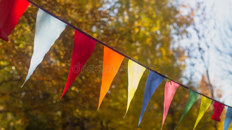 Colorful Flags Hang between the Autumn Trees in Autumn Stock Photo ...