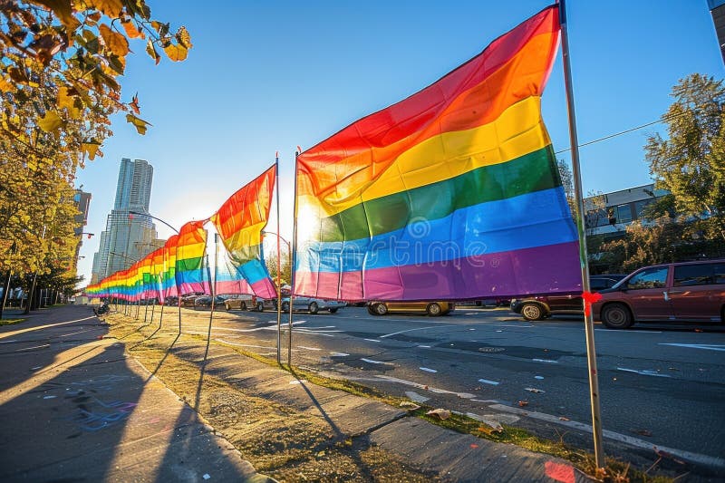 Rainbow Flags Fluttering in the Wind Along a Sunny Street in ...
