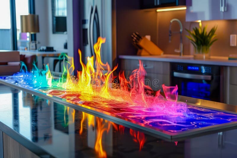 Colorful Flame Effects on Modern Kitchen Counter Creative Concept for ...