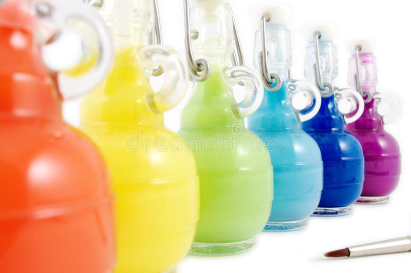 Colorful flasks and brush stock image. Image of potion - 14298427