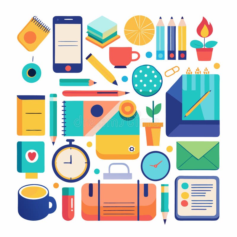Colorful Flat Design Icons Representing Various Office and Work Supplie ...