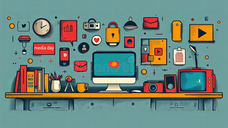 Colorful Flat Design Illustration of a Modern Media Desk Stock ...