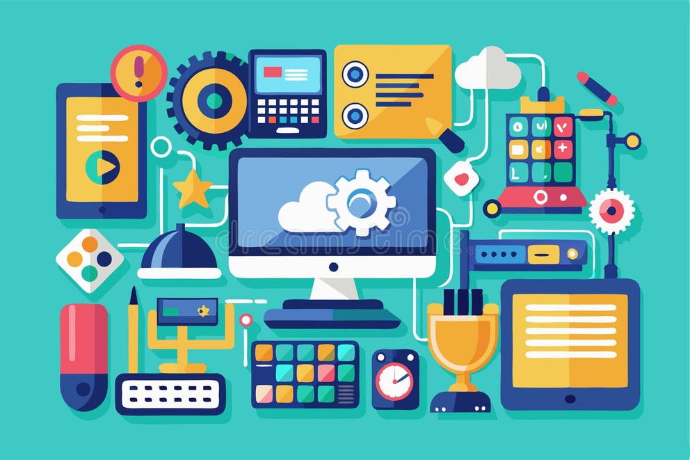 Colorful Flat Illustration Features Hardware and Software Icons ...