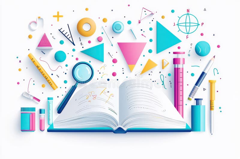 Colorful Flat Illustration of an Open Book with Educational Tools and ...