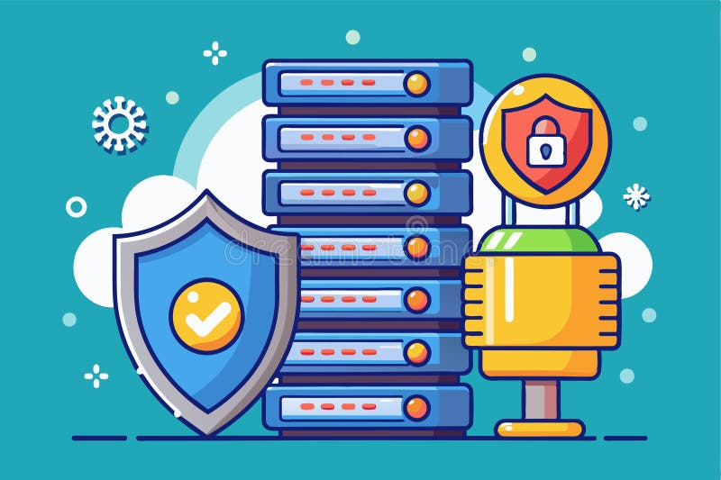 Colorful Flat Illustration of a Secure Server with Multiple Shields and ...