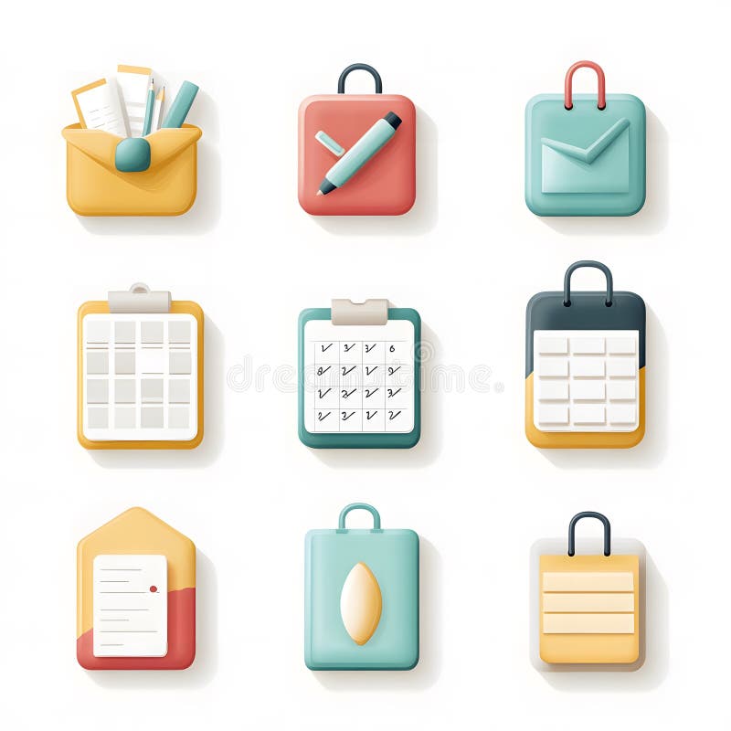 Colorful Flat Illustration of Various Office Stationery Items Including ...