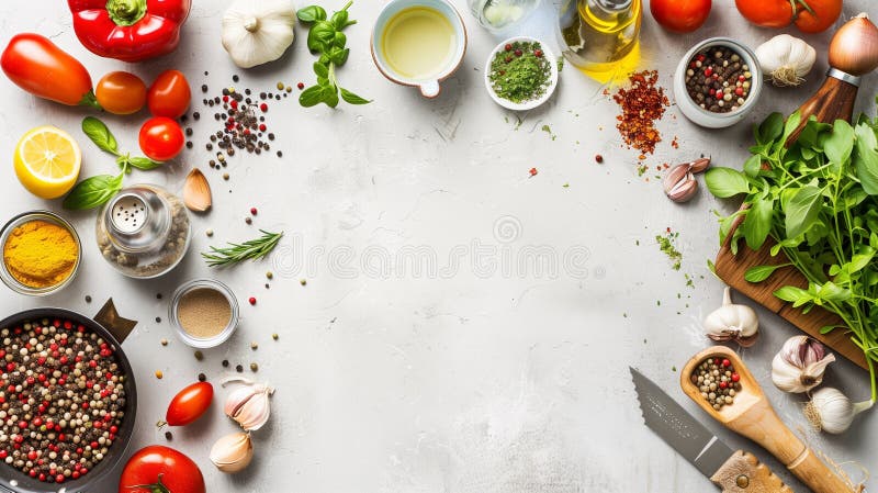 A Colorful Flat Lay Setup of a Kitchen Counter Filled with Cooking ...