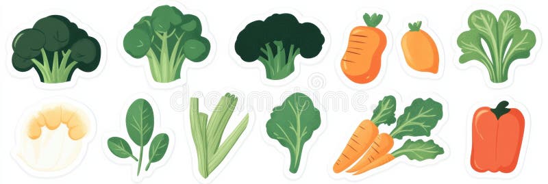 Cute Flat Vegetable Sticker Sheet Featuring Colorful Broccoli, Carrots ...