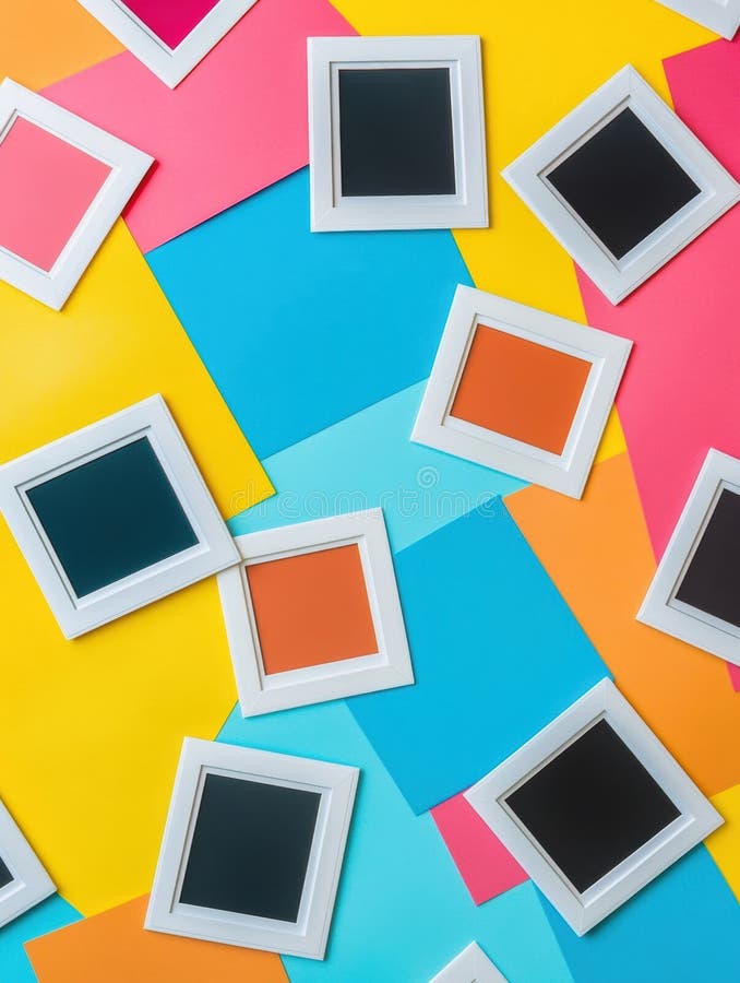 Colorful Flat Surface Displays Scattered White Polaroid Frames Ready ...