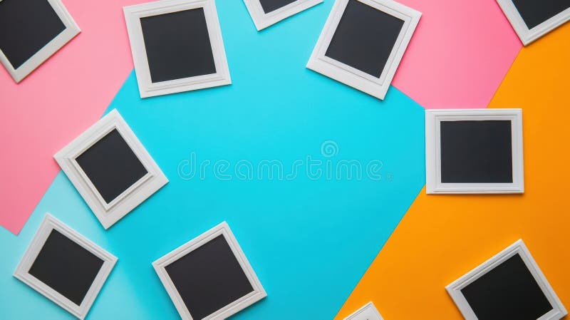 Colorful Flat Surface with White Polaroid Frames Arranged for Creative ...