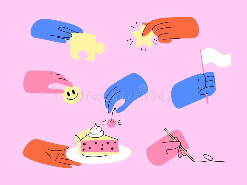 Colorful Flat Vector Illustration of Hands with Various Actions and ...