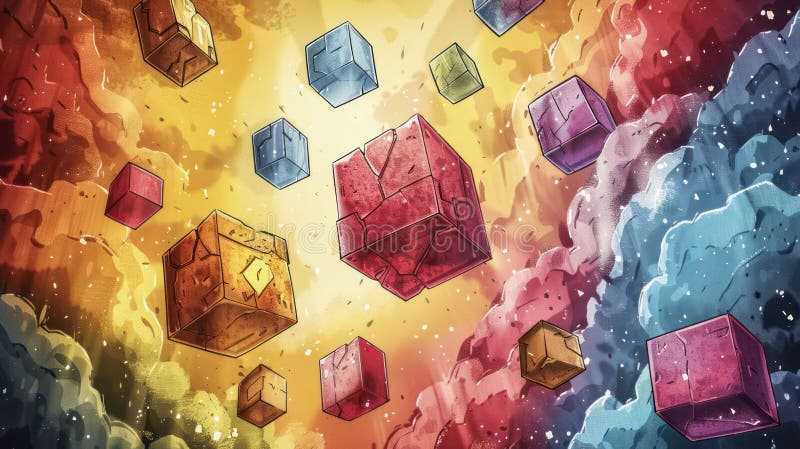 Colorful Floating Cubes in a Cosmic, Cloud-filled Background with a ...