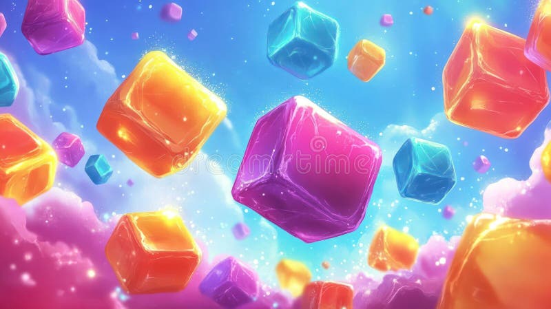 Colorful Floating Cubes in a Vibrant Sky with Clouds Stock Illustration ...