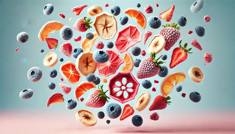 Colorful Floating Fruits and Berries on Pastel Background Stock ...