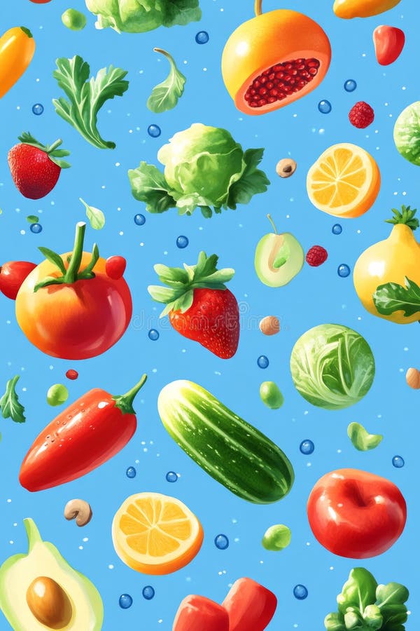 Colorful Floating Fruits and Vegetables on Blue Background Stock ...
