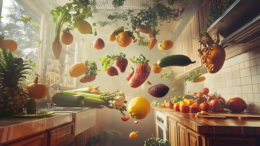 Colorful Floating Fruits and Vegetables in a Kitchen Setting Stock ...
