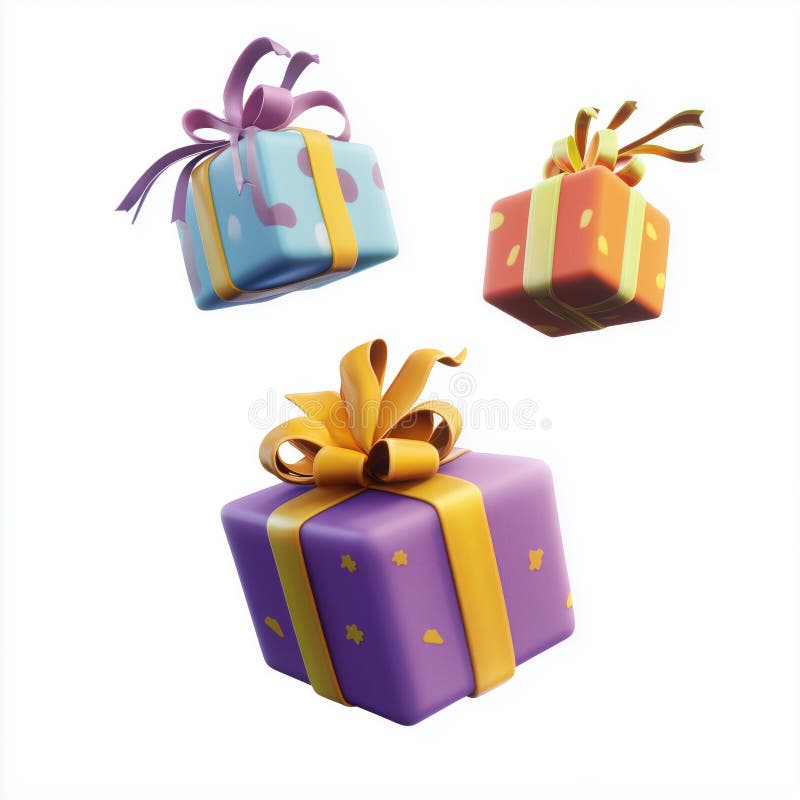 Colorful Floating Gift Boxes with Ribbons and Patterns on White ...